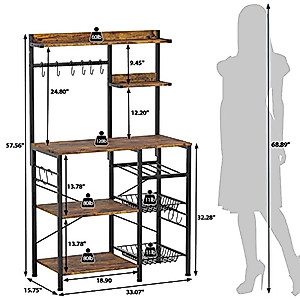 Furologee 6-Tier Bookshelf, Tall Rustic Bookcase with 2 Drawers Storage Organizer Kitchen Baker’s Rack with 2 Pull Out Wire Baskets