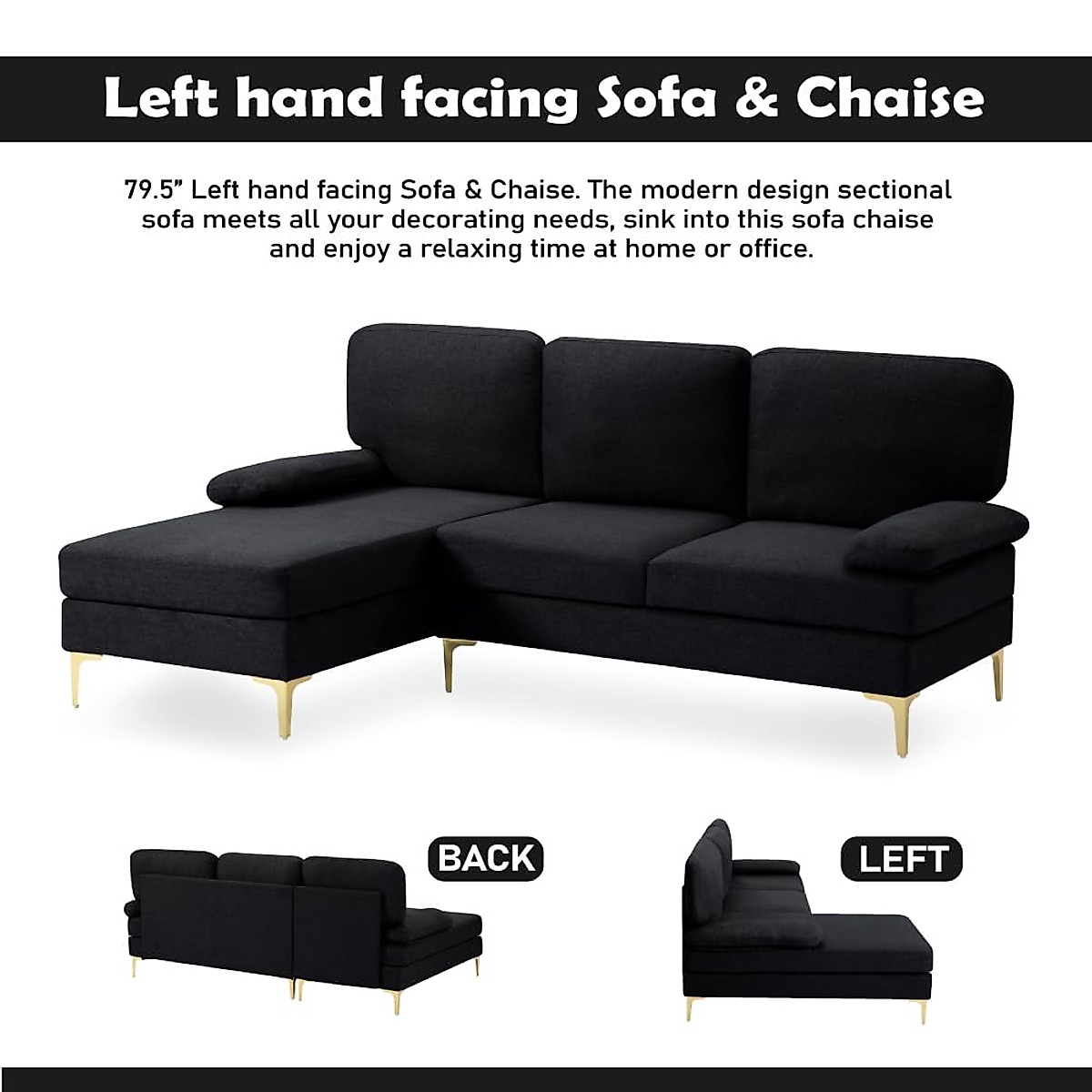 KoiHome 79.5" Left Hand Facing Sectional Sofa Couch with 2 Detachable Armrest Pillows, Modern Fabric 3-Seater L Shape Chaise with Gold Metal Legs for Living Room,Apartment,Office, Polyester, Black