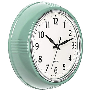 Bernhard Products Retro Wall Clock 9.5 Inch Green Kitchen 50's Vintage Design Round Silent Non Ticking Battery Operated Quality Quartz Clock (Seafoam Green)
