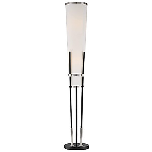 Possini Euro Design Flute Modern Torchiere Floor Lamp Standing 64" Sleek Satin Black Brushed Nickel Metal Tall White Tapering Cone Linen Shade for Living Room Reading House Bedroom Home Office