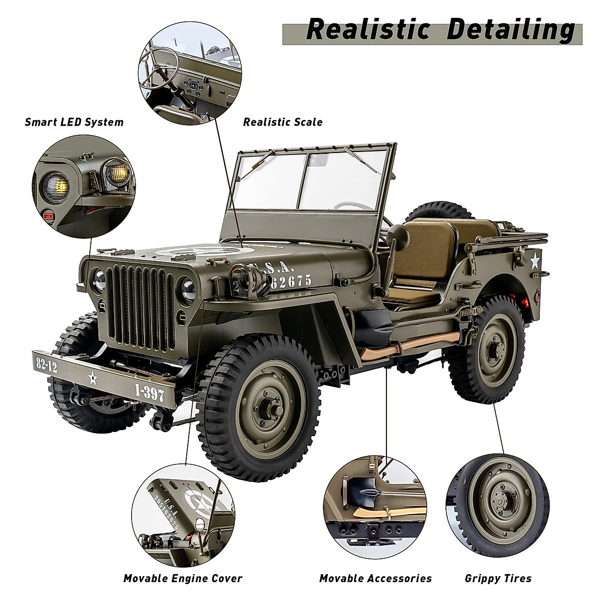 WOWRC RocHobby 1/12 1941 MB Scaler RC Jeep, 4x4 Hobby Grade RTR RC Car Mini RC Rock Crawler Military, 2.4Ghz RC Truck with 180 Brushed Motor, LED Lights, Battery and USB Charger for Adults