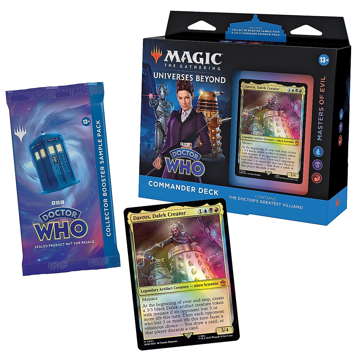 Magic: The Gathering Doctor Who Commander Deck - Masters of Evil (100-Card Deck, 2-Card Collector Booster Sample Pack + Accessories)