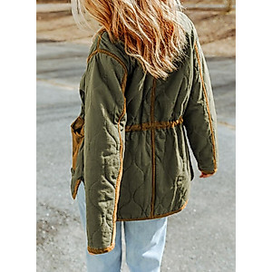 Dokotoo Fall Autumn Winter Coats for Women Zip Up Collar Long Sleeve Drawstring Side Split Contrast Color Block Loose Fit Fashion 2023 Casual Warm Quilted Bomber Puffer Down Jackets Olive Green Large