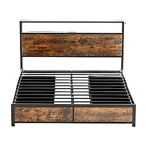 Squireewo Full Bed Frame with Charging Station & Led Lights, Platform Metal Bed Frame with 4 Storage Drawers and Headboard, No Box Spring Needed, Easy Assembly, Noise-Free,Rustic Brown