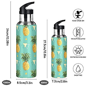 Sports Water Bottle - BPA Free Leakproof Vacuum Pineapple and Triangle Pattern Insulated Stainless Steel Water Jug, Thermo Bottle with Straw Lid for Gym, Kitchen, Working, Outdoor Sport