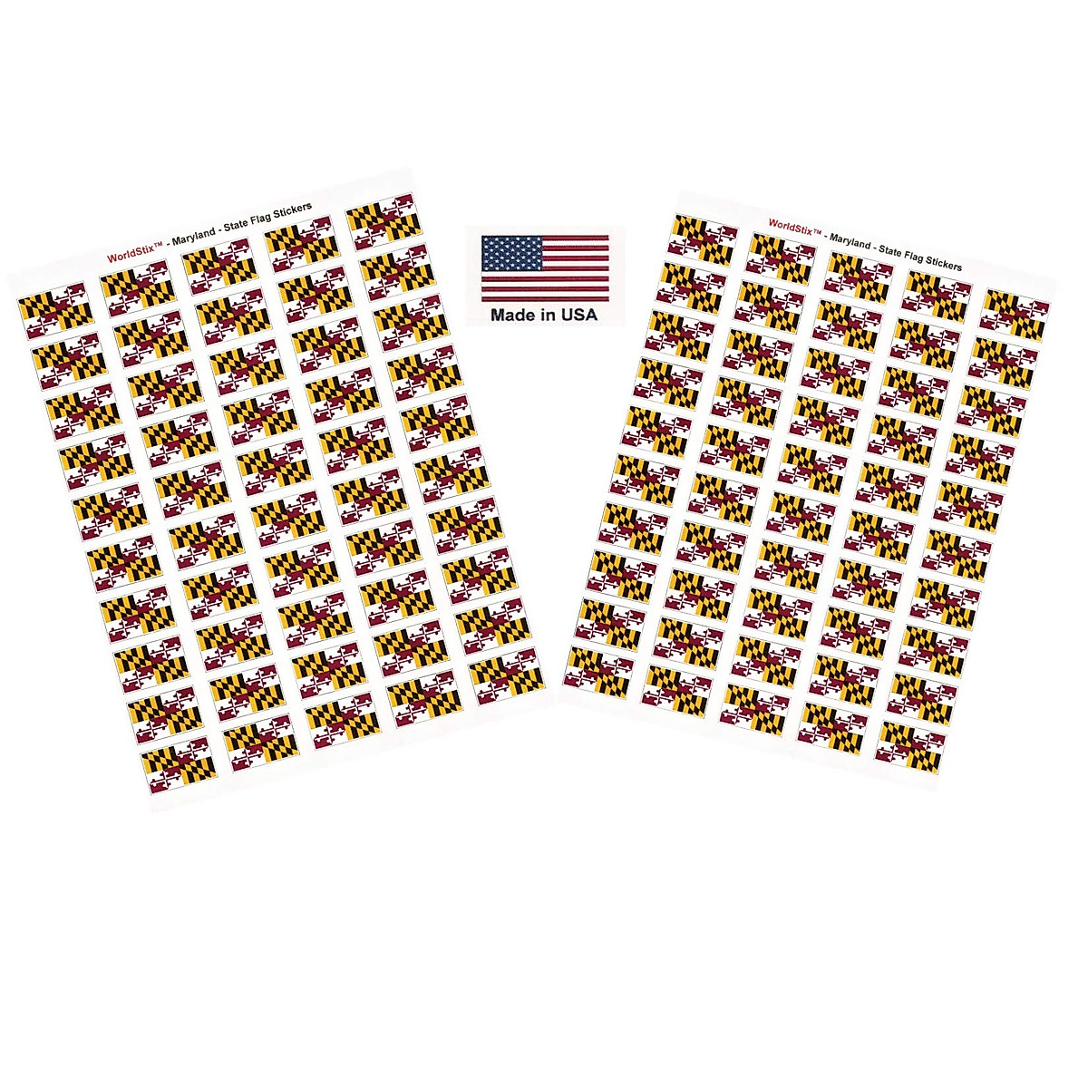 Made in USA! 100 Maryland 1.5" x 1" Self Adhesive State Flag Stickers, Two Sheets of 50, 100 Maryland Sticker Flags Total