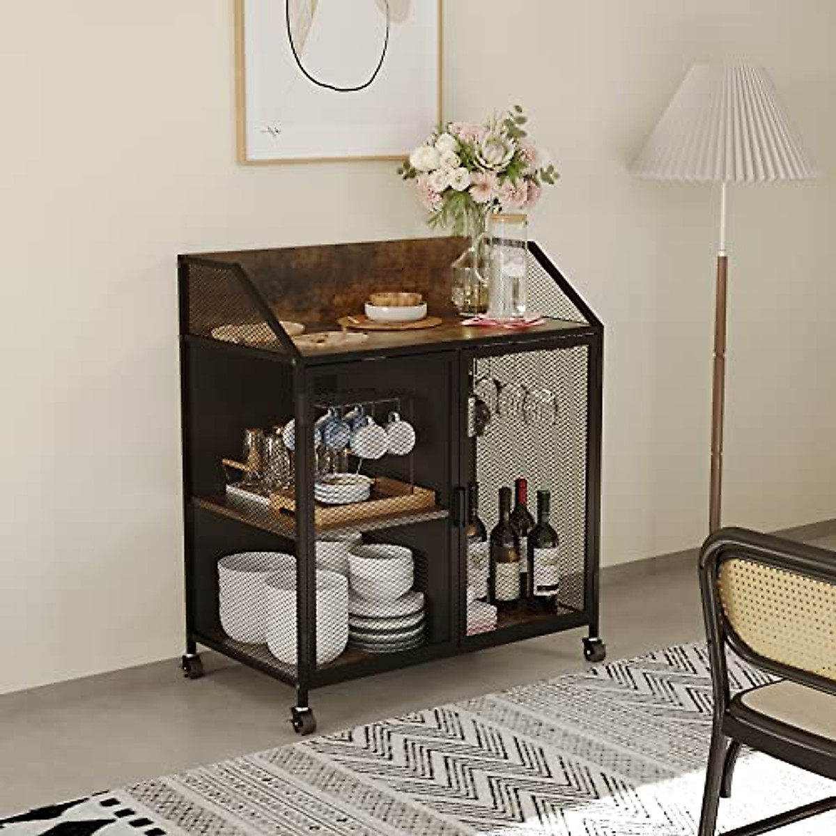 Easyzon Industrial Coffee Bar Cabinet, Rolling Liquor Cabinet Bar for Home with Metal Mesh Doors, Bar Unit on Wheels