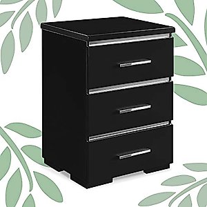 Finch Belmont Fully Assembled Nightstand Modern Mirrored Accent, Bedside End Table with Silver Handles, 3-Drawer, Black