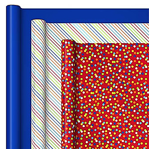 Hallmark Birthday Wrapping Paper with Templates for Handmade Bows on Reverse (3-Pack: 75 sq. ft. ttl) Royal Blue, Rainbow Stripes, Colorful Confetti