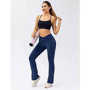 Ukaste Women's Casual Bootleg Yoga Pants Flare V Crossover Waisted Workout Leggings (Dark Blue, M)