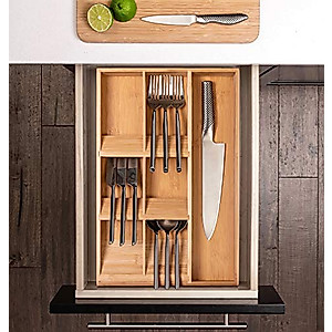 Compact Luxury Bamboo Silverware Organizer - 17" x 11.25" Bamboo Utensil Organizer for Silverware and Utensils - Compact Cutlery Organizer fits most Kitchen Drawers - Narrow Utensil Drawer Organizer