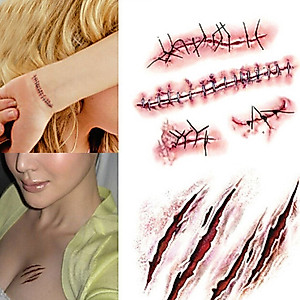 KIPETTO 20Pcs Halloween Temporary Tattoo Stickers Horror Realistic Waterproof Fake Bloody Wound Stitch Stickers Makeup For Halloween Party Cosplay