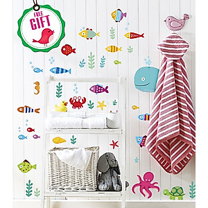 Ocean Fish Wall Decals – Sea Whale Turtle Tropical Creatures Bathroom Stickers - Cartoon Decorative Bathroom Wall Decal for Kids [>50 Art Decals]