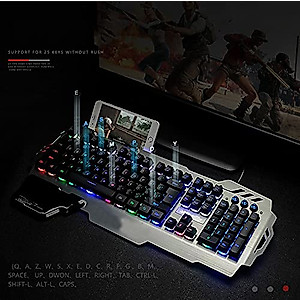 MUMUJJ Computer Gaming Mechanical Keyboard, 7-Color Rainbow Backlit Effect, with Mobile Phone Holder, Multimedia Shortcuts, Black