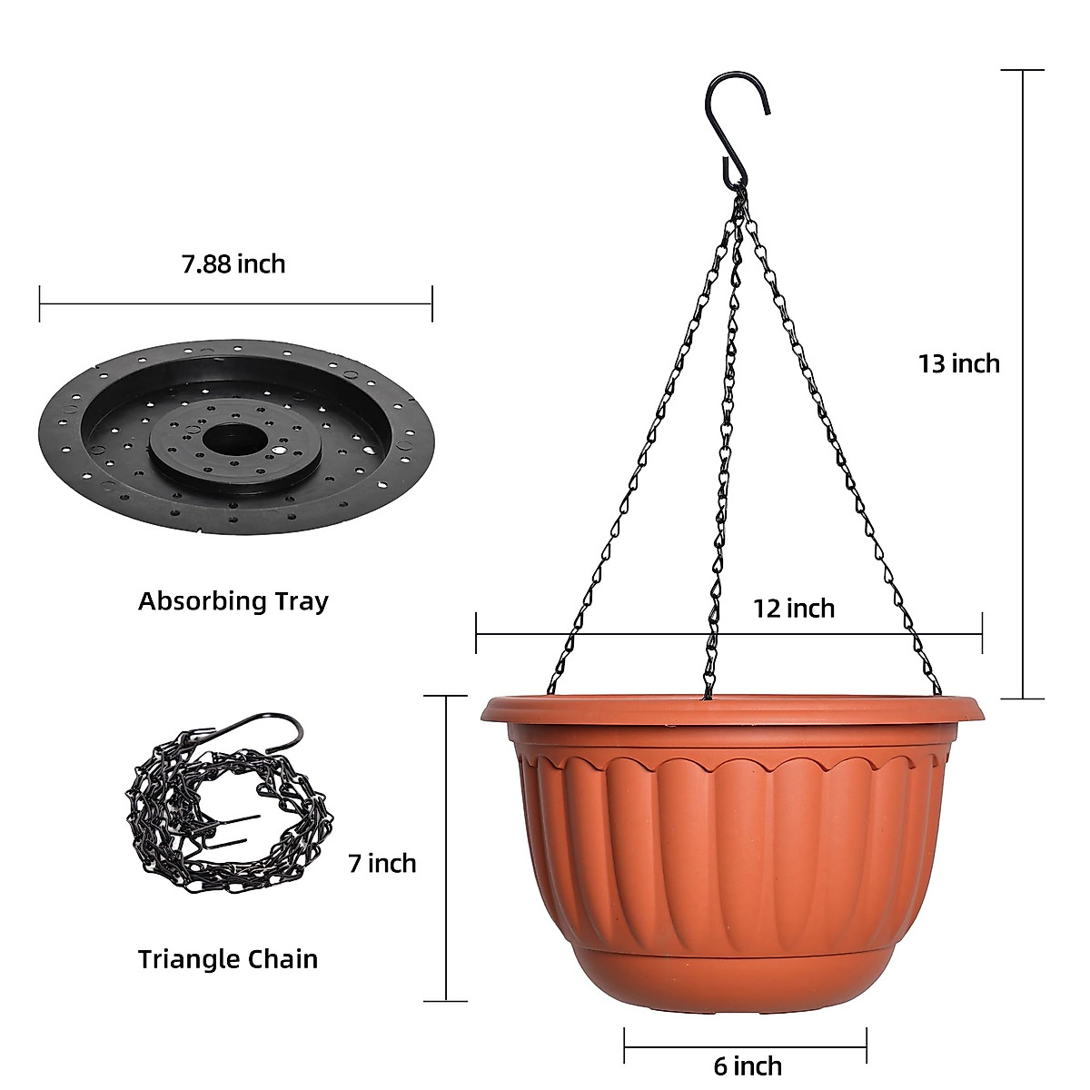 YIKUSH Hanging Planter for Indoor and Outdoor Plants 2 Pack 12inch Flower Pot Plastic Plant Pot with Drainage Hole and Absorbing Tray（Terracotta,with 3 Hooks）