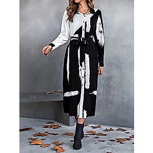 WDIRARA Women's Colorblock Brush Print Button Front Long Sleeve Belted Maxi Shirt Dress Black and White M