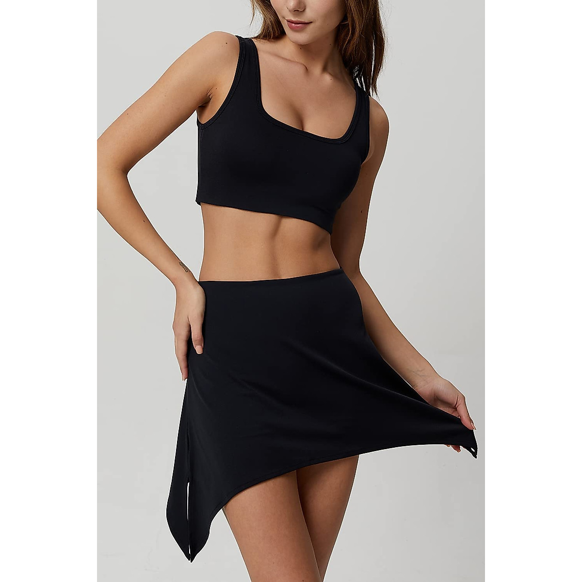 QINSEN Women's Two Pieces Active Dress Sports Bra Tank Top Built in Shorts Mini Skirt Tennis Dresses Black XL