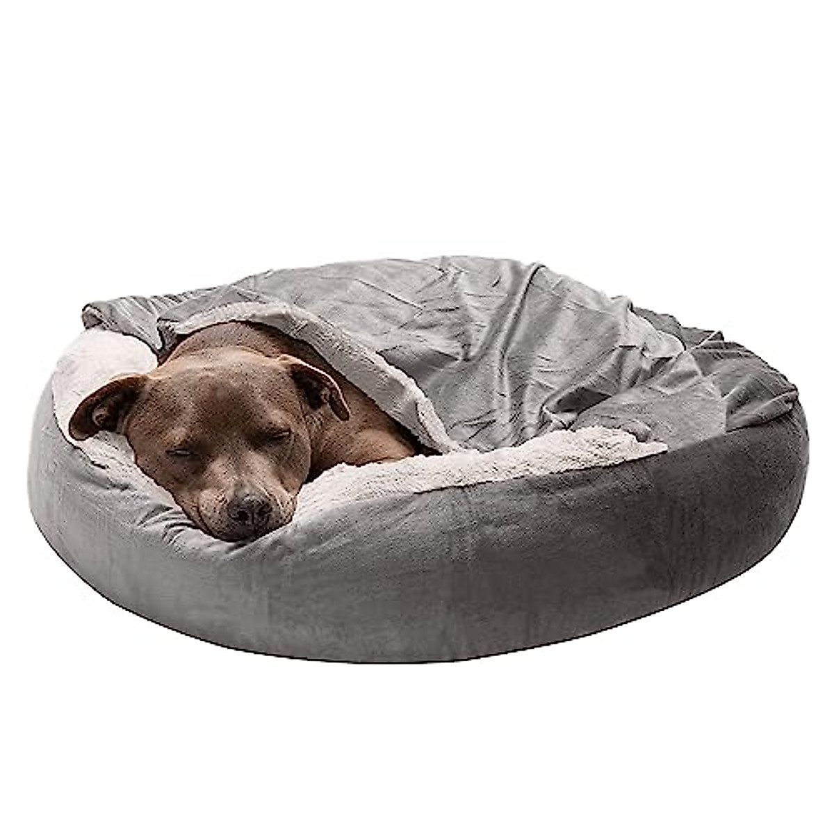 Furhaven 27" Round Calming Donut Dog Bed for Medium/Small Dogs, Washable, For Dogs Up to 45 lbs - Plush Velvet Waves Hooded Donut Bed - Dark Gray, Medium