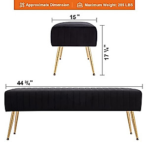 Furnimart 44 Inch Velvet Bench Ottoman Comfortable Footrest Stool Table Bench Dining Bench Tufting Bench Indoor Bench with Gold Legs for Living Room Bedroom Entryway (Velvet-Black)