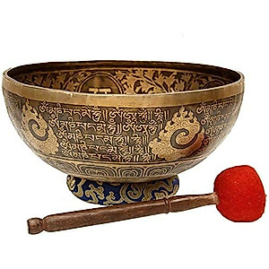 NHH 12 Inches Healing Mantra Carved Meditation Tibetan Singing Bowl, Hand Hammered Singing Bowls with Cushion & Mallet Striker