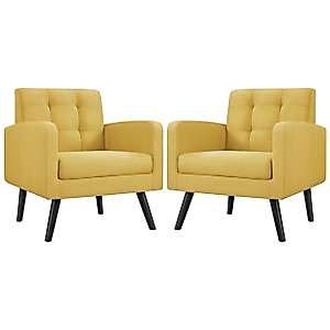 Yaheetech Mid-Century Accent Chairs, Modern Upholstered Living Room Chair, Cozy Armchair Button Tufted Back and Wood Legs for Bedroom/Office/Cafe, Set of 2, Yellow
