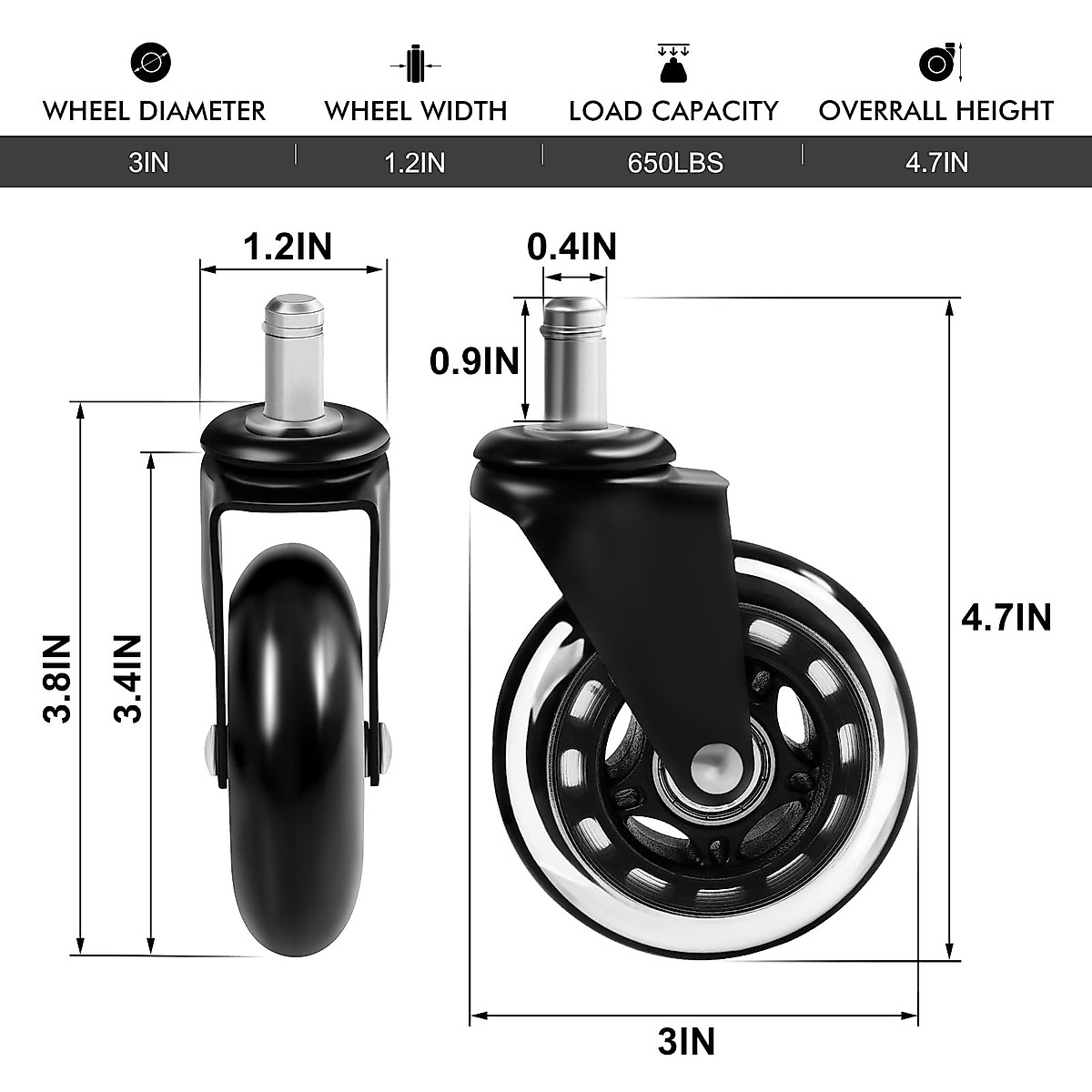 Dowinx Office Chair Caster Replacement Rubber Wheels Set of 5, Heavy Duty Smooth Rolling Caster Universal Fit Safe for All Floors Including Hardwood and Carpet