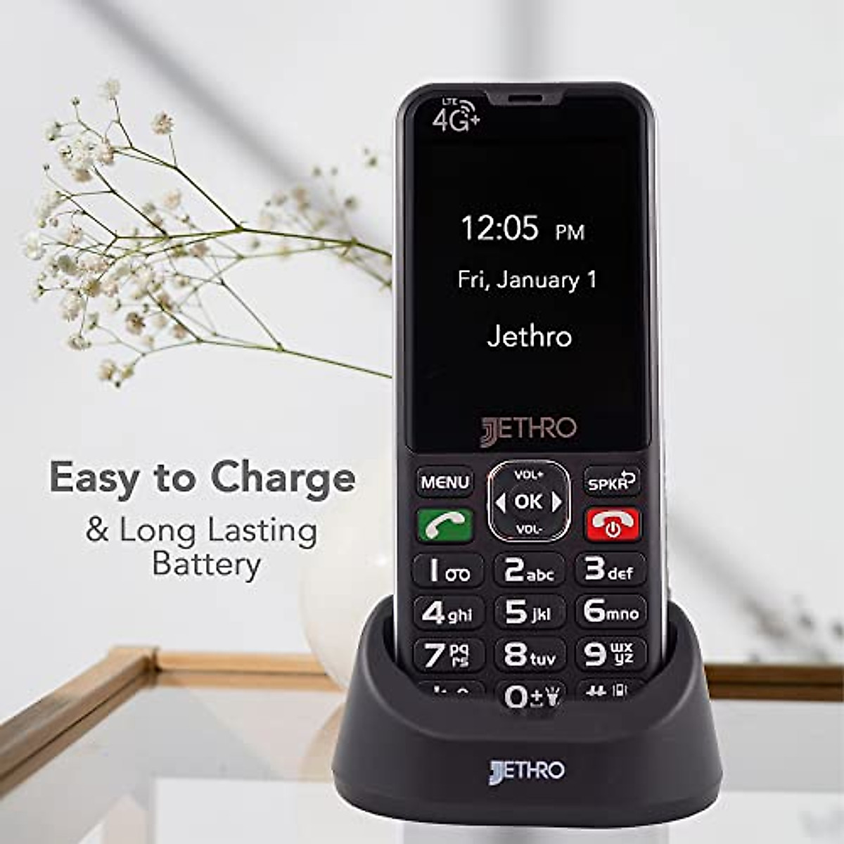 Jethro SC490 [4G] Unlocked Cell Phone for Seniors & Kids, Talk & Text Only, Supports Picture Dialing, Accessories Included (Charging Dock, USB & SIM Card)