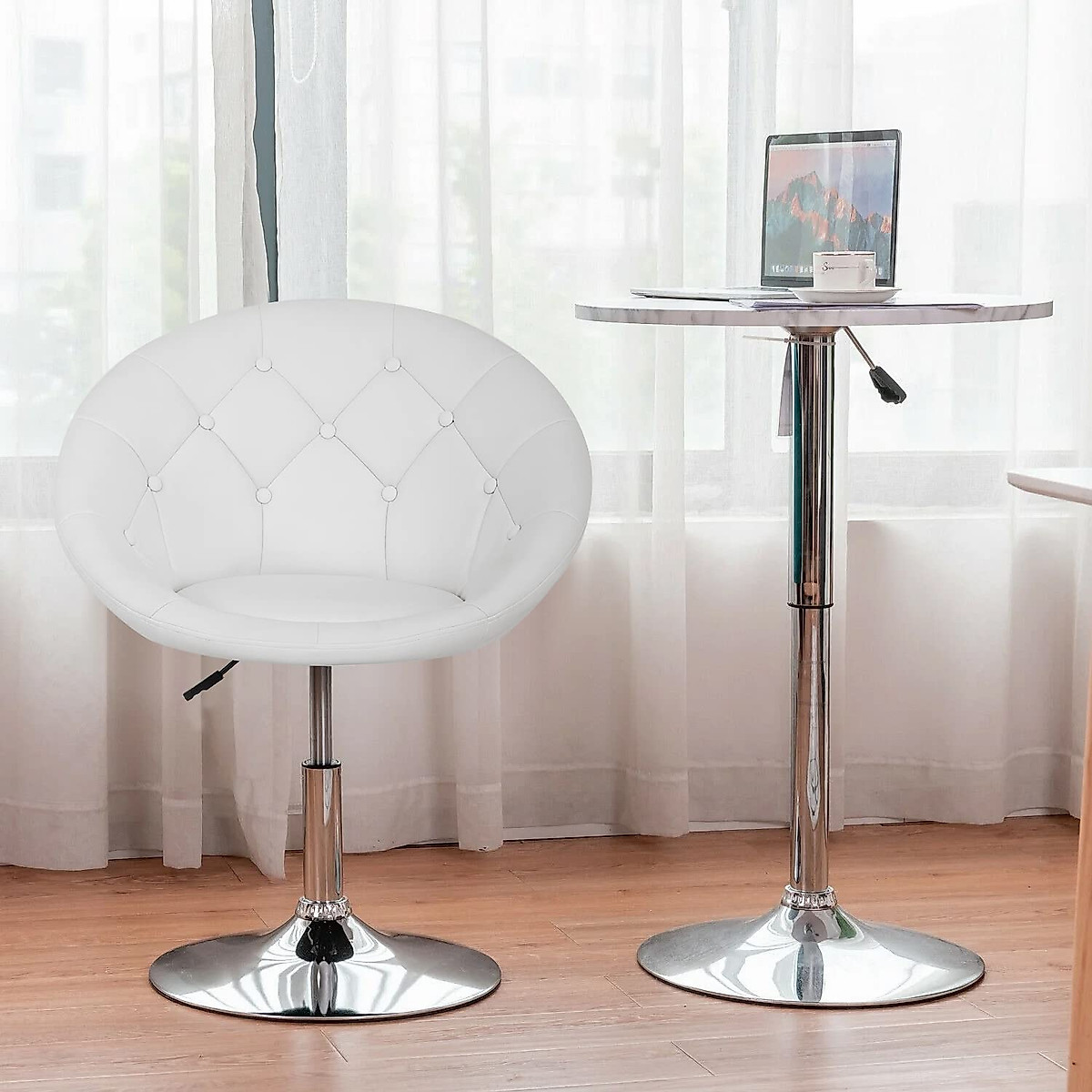 Living Room Vanity Chair Makeup Chair Swivel Accent Chair Round Back Height Adjustable PU Leather Modern Chair for Makeup Room Small Desk,White