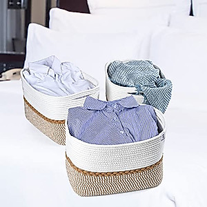 RITHLELA Woven Baskets 15"x10"x9" Cotton Rope Cube Storage Baskets Set of 3 Decorative Baskets Closet Cloth Storage Baskets and Bins for Shelves with Handles for Blanket, Laundry, Clothes - Light Tan