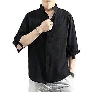 Men's Cotton Linen Shirt Solid Plain Roll-Up Sleeve Summer Beach Shirts Casual Button Down Yoga Shirt Tops (Black,Large)