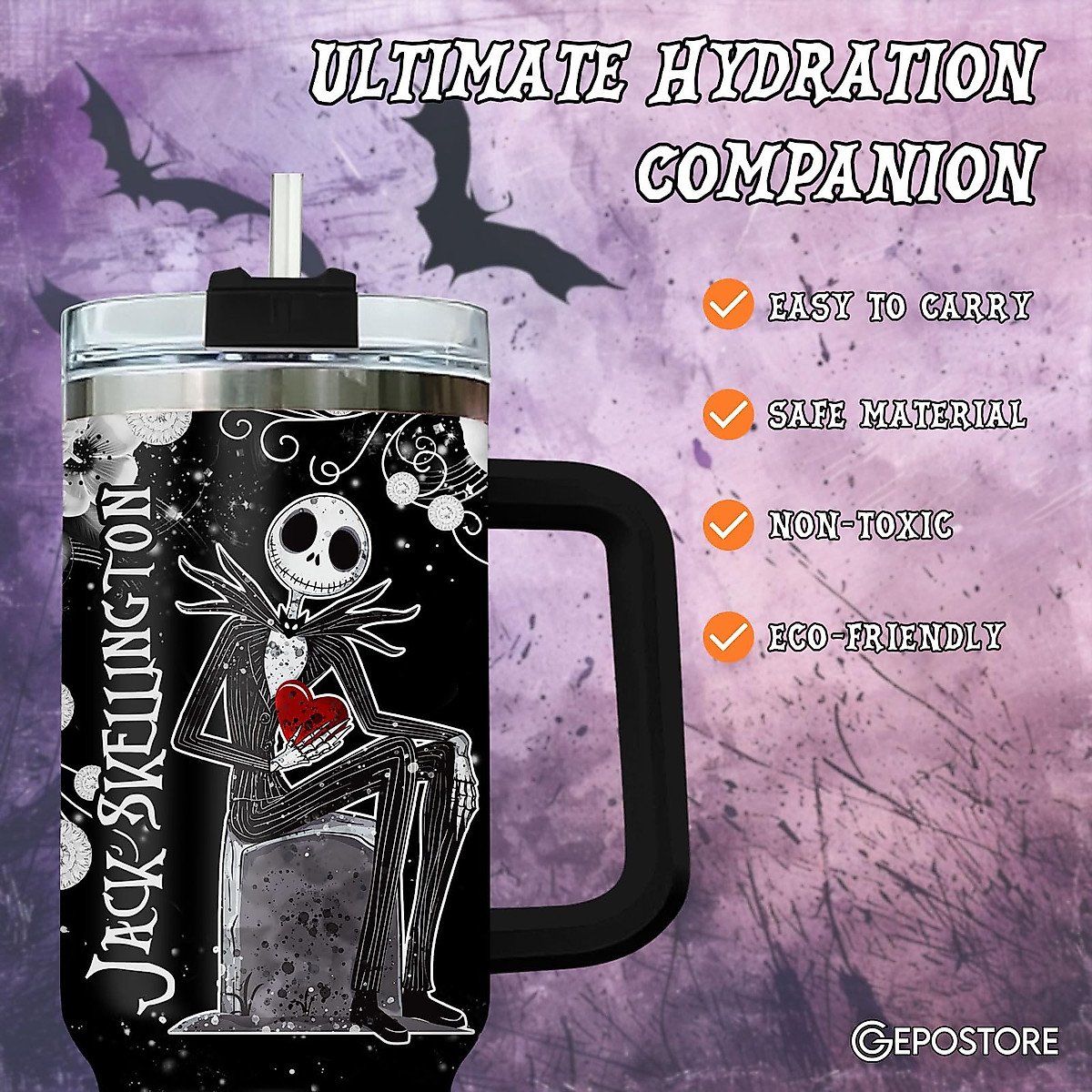 GEPOSTORE Christmas Gifts for Movie Lovers, Black Jack Skeleton 40 oz Tumbler with Handle and Straw, Nightmare Before Movie Cup, Movie Character Mug, Gifts for Men Women on Christmas, Halloween