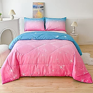Rainbow Pink Glitter Stars Kids Comforter Set for Girls Queen Size Bedding Set 3 Piece Bed in A Bag Lightweight Quit Blue Gradient Sparkle Mermaid Galaxy Duvet Set for Kids Boys with 2 Pillowcases