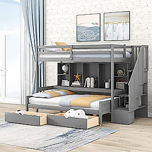 BIADNBZ Twin XL Over Full Bunk Bed with Built-in Storage Shelves and Drawers,Multi-Function Bedframe with Storage Staircase for Bedroom,Gray