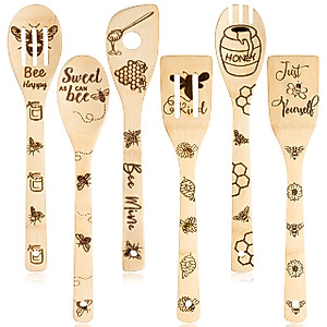 Haooryx 6Pcs Bee Sunflower Bamboo Spoons Utensils Set Bee Themed Non-Stick Carve Cooking Spoons Burned Bamboo Cookware Kitchen Gadget Kit Christmas Housewarming Gift Kitchen Decor Supplies