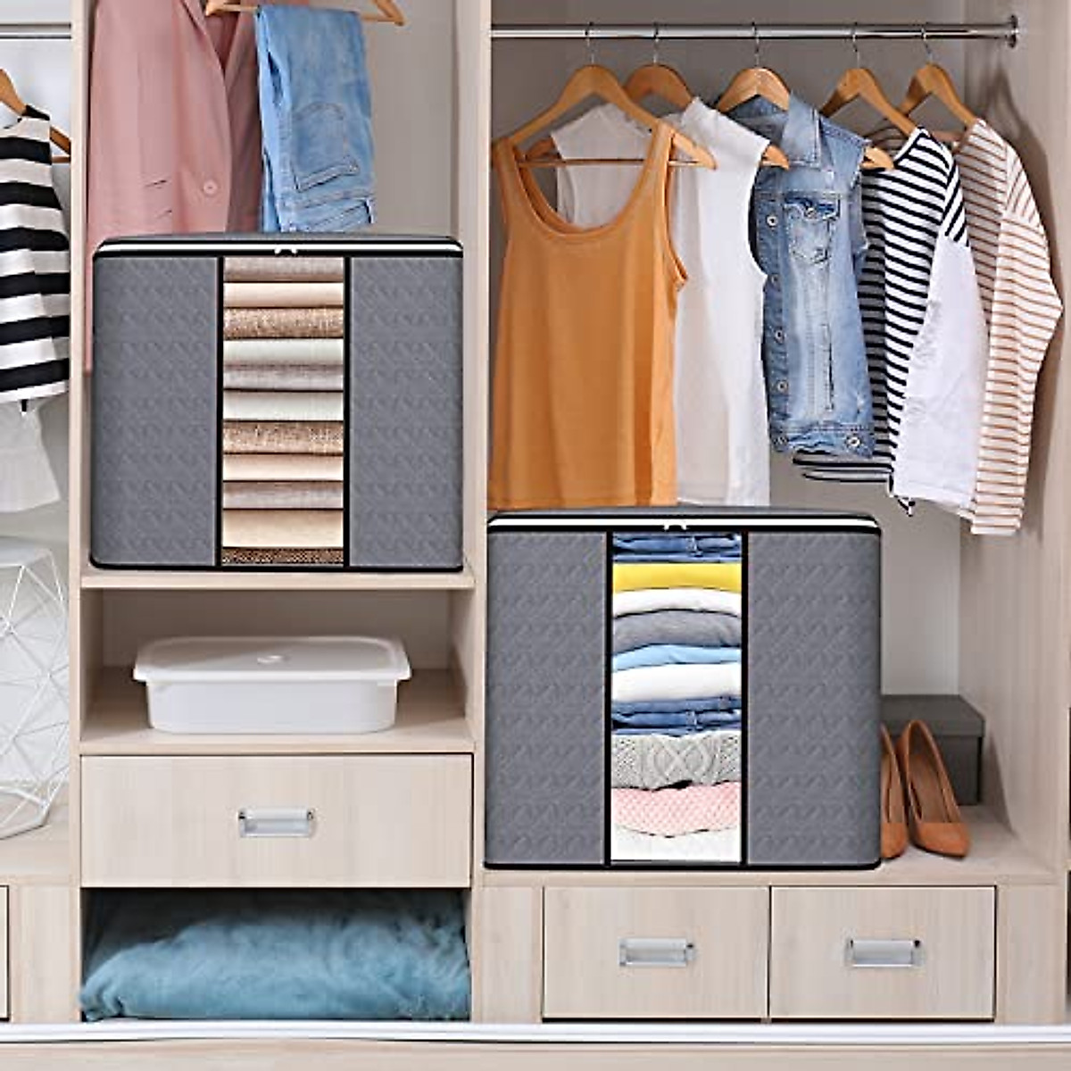 Fixwal Clothes Storage Bags 6 Pack 90L Large Capacity Storage Container for Comforter, Clothing, Blankets, Bedding, Foldable Closet Organizer Storage Bins with Sturdy Zipper Reinforced Handle, Grey