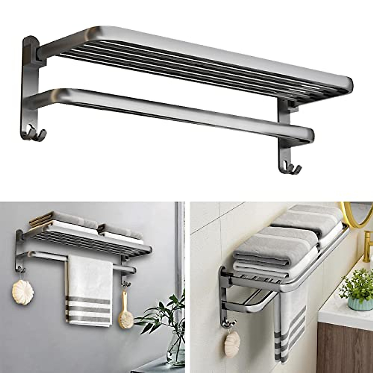 Bathroom Towel Rack Towel Shelf Bathrobe with Hooks Storage Towel Holder Hanger for Kitchen, Lavatory, Laundry Room, Hotel, 15.75x8.27x7.36inch