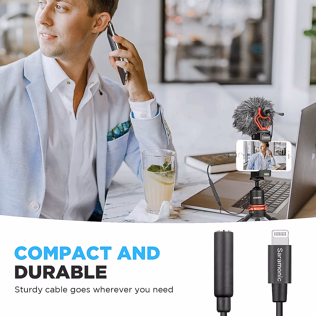 Saramonic 3.5mm TRRS to Lightning Female Adapter Cable, SR-C2002 3.5mm Micro Lightning to Apple Cable MFi Certified Compatible with iPhone, iPad Smartphones and Tablets (6cm)