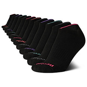 Reebok Women's No Show Athletic Breathable Low Cut Cushioned Socks (12 Pack), Size 4-10, Solid Black