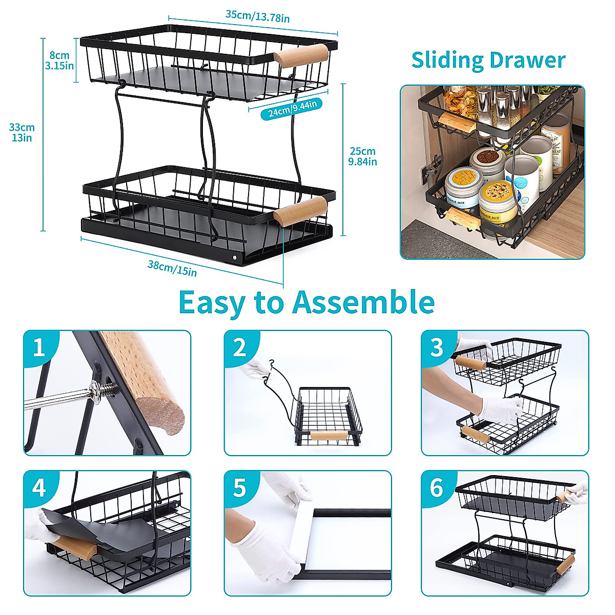 RAOHEVU Under Sink Organizers and Storage, Sliding Under Cabinet Organizer, 2 Tier Bathroom Under Sink Organizer for Kitchen with Wooden Handle