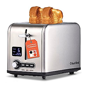 Peach Street 2 Slice Toaster Compact Bread Toaster with Digital Countdown, Wide Slots, Auto-Pop Stainless Steel, 6 Browning Levels, Removable Crumb Tray, with Defrost, Bagel, and Cancel Function