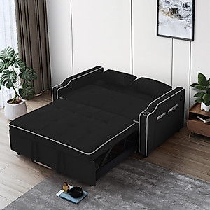 Velvet Pull Out Sleeper Sofa Bed with USB Ports, Convertible Futon Couch with Cup Holders and Pockets, 3 in 1 Modern Loveseat with Adjustable Backrest, Small Love Seat for Living Room, Office, Black