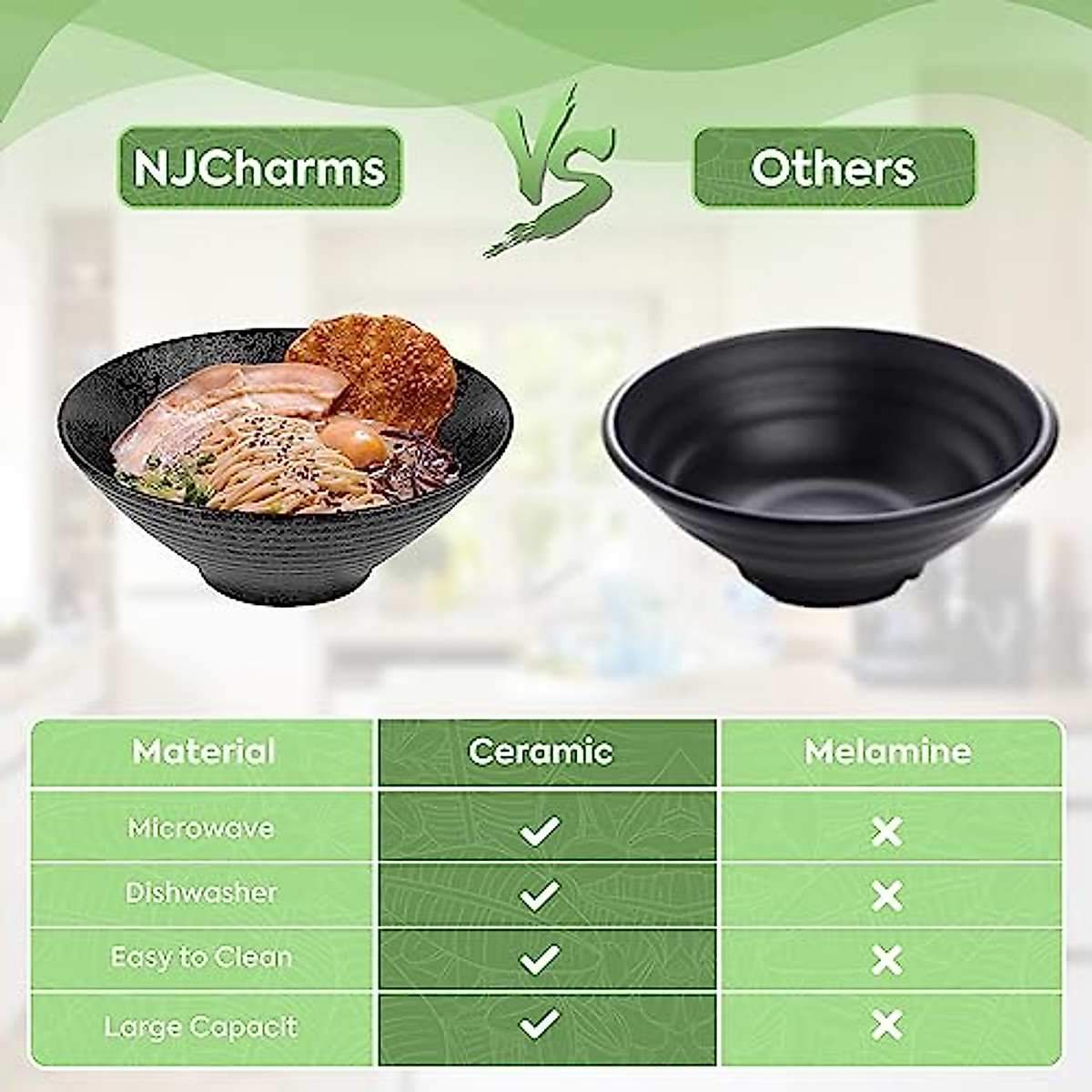 NJCHARMS Ceramic Ramen Bowl Set of 2, 60 oz Japanese Noodle Soup Bowls with Spoons and Chopsticks for Ramen Soup Pho Udon Asian Noodles, Large Noodle Bowls