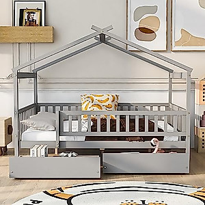 Merax Full Size Wooden House Bed with Two Drawers, Wood Bed Frame with Roof and Safety Guardrail for Kids, Teens, Boys or Girls, Gray