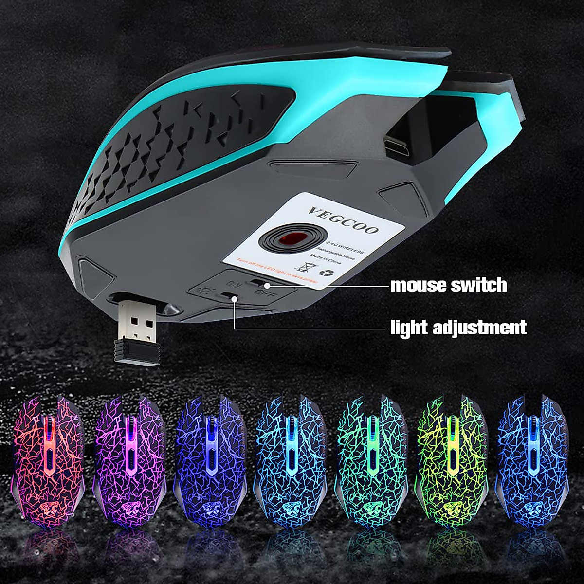 VEGCOO C10 Wireless Gaming Mouse Rechargeable Silent Optical Mice 7 Colors LED Lights, 7 Buttons 2400/1600/800DPI (Black)