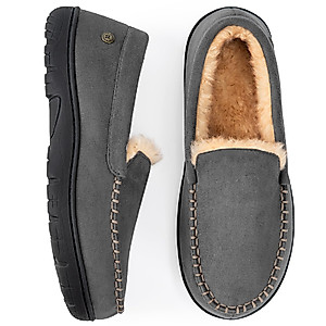 HomeTop Men's Classic Memory Foam Moccasin Slippers, Warm Comfy Microsuede House Shoes for Indoor Outdoor Gray, 10 US