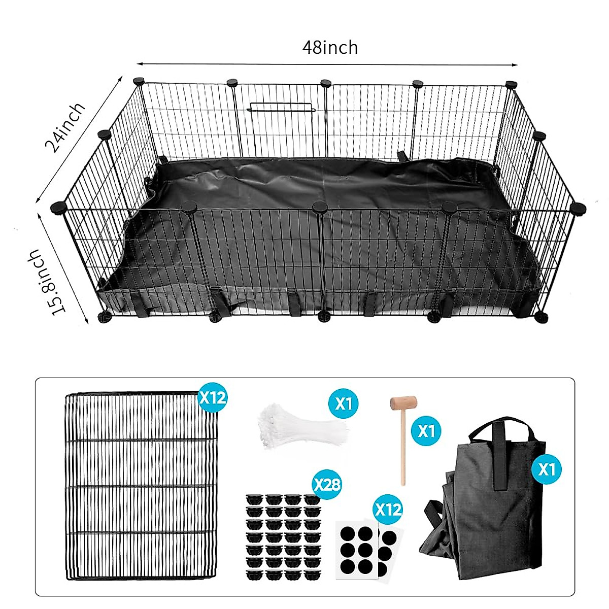 CheeFun Guinea Pig Cages: 8 Sq Ft Expandable Small Animal Cage for Rat Rabbit Ferret Bunny Chinchilla Hedgehog Lizard Indoor Outdoor - 12pcs Pet Panels (Black)