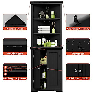 YESHOMY Corner Cabinet Shelves Side Freestanding Storage Organizer with Large Space and Two Doors, Home Furniture for Multifunction in Living Room, Bathroom, Hallway, Kitchen, Bedroom, Black