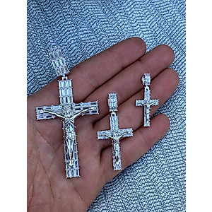 HarlemBling Real 925 Sterling Silver - Iced Baguette Cross W. Jesus Pendant - 3 Sizes Great For Any Necklace 1-2.5" (Medium 1.5")