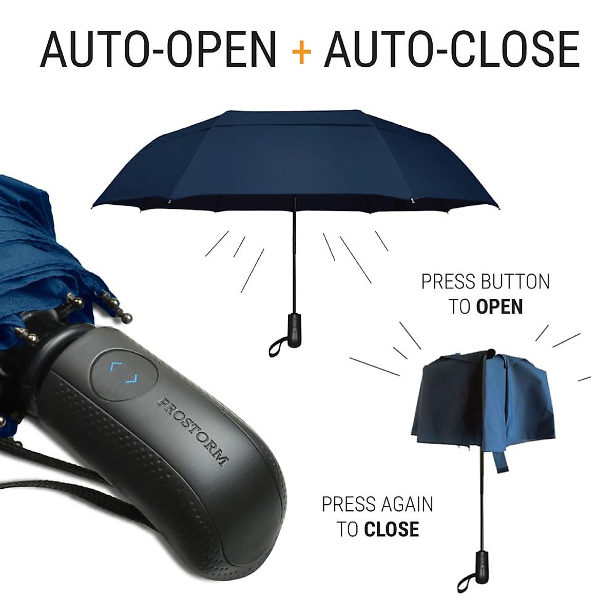 Prostorm Windproof Deep Dome Double Vented Travel Umbrella with Automatic Open & Close Pro Storm (Blue)
