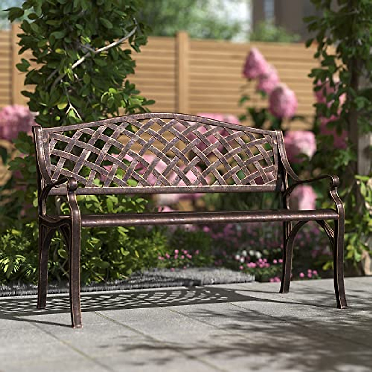 BELLEZE Patio Outdoor Garden Bench, 40 inch Cast Aluminum Loveseat Chairs with Armrests for Park, Yard, Porch, Lawn, Balcony, Backyard, Antique Seat Furniture, Bronze